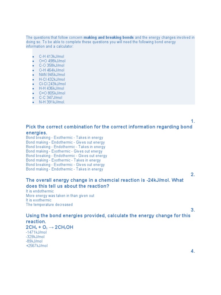 Bond Energy Calculations and Reactions | PDF