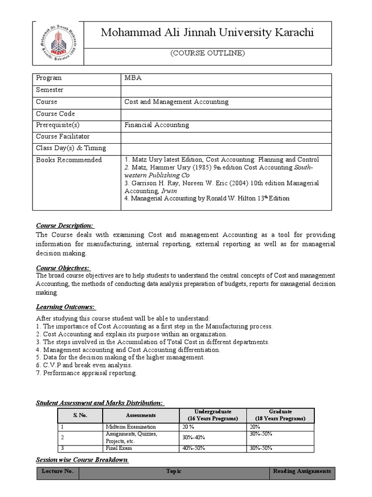 Course Outline - Cost & Management Accounting | PDF | Management ...