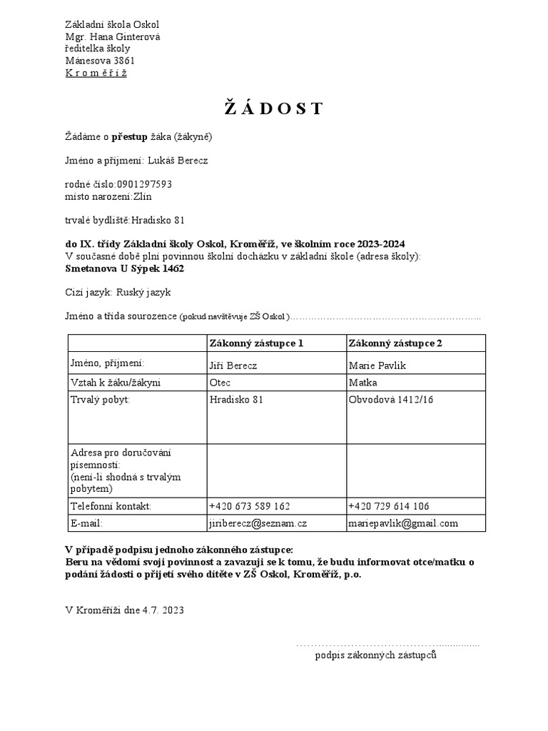 Zadost o Prestup Z Jine Skoly | PDF