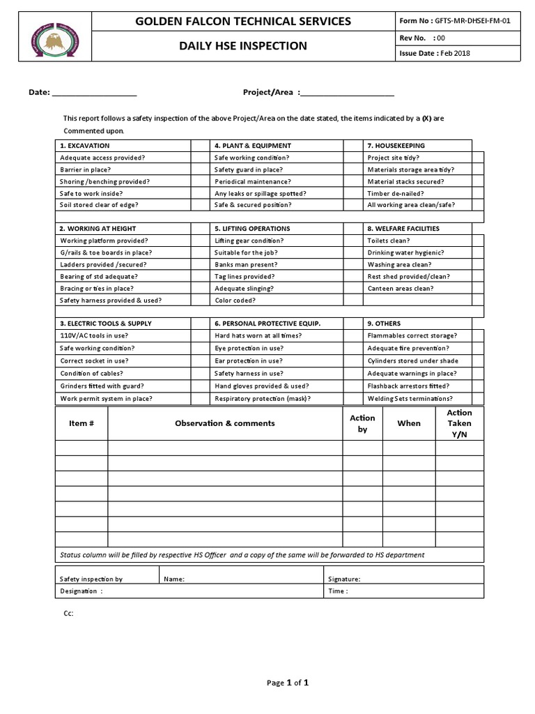Daily HSE Inspection Checklist | PDF