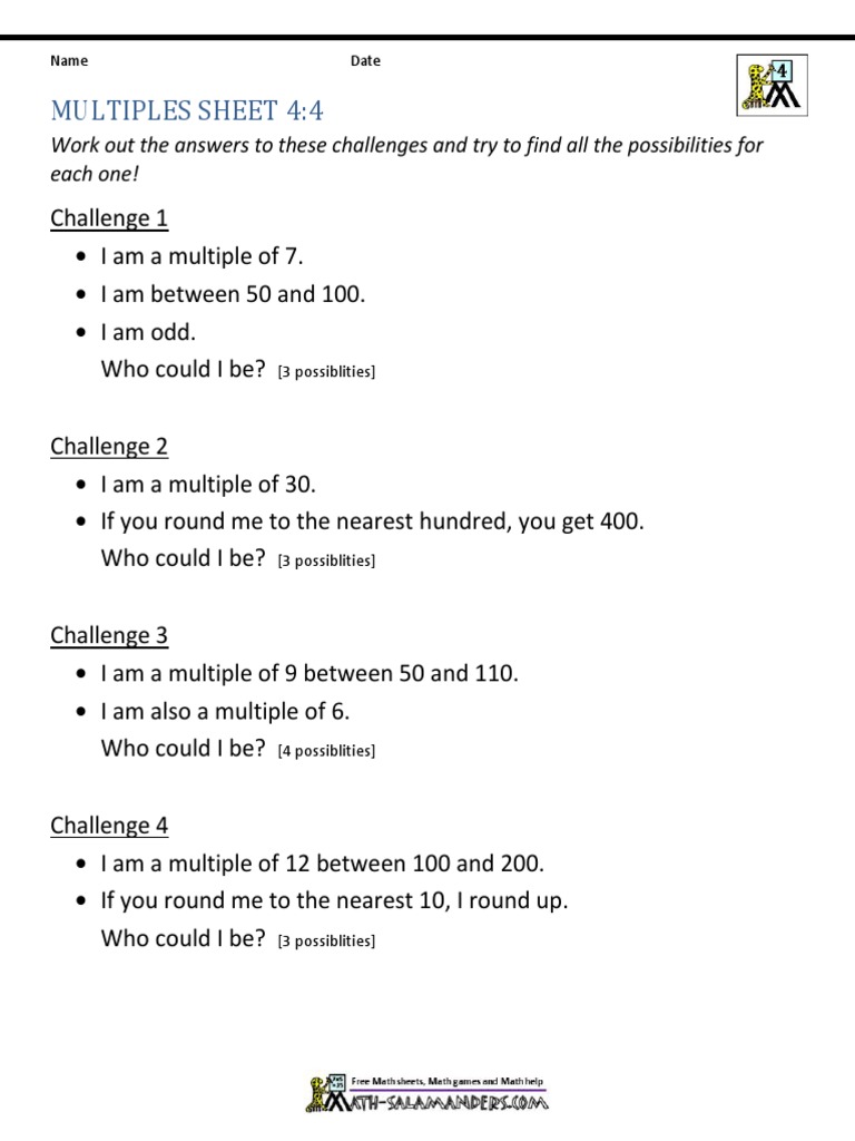 Multiples Worksheet 4 4 Answer | PDF