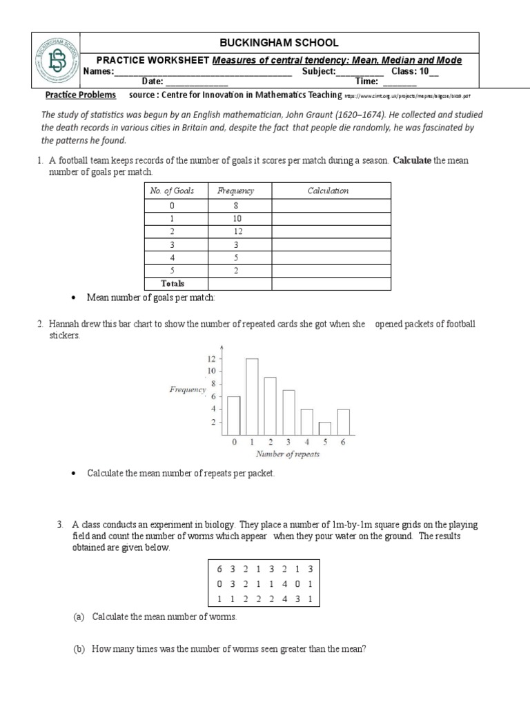 WORKSHEET PRACTICE Mean, Median and Mode | PDF | Mean | Numbers