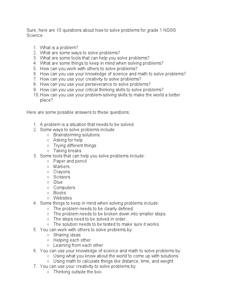 Create 10 Questions About (How To Solve Problems) For Grade 1 NGSS ...