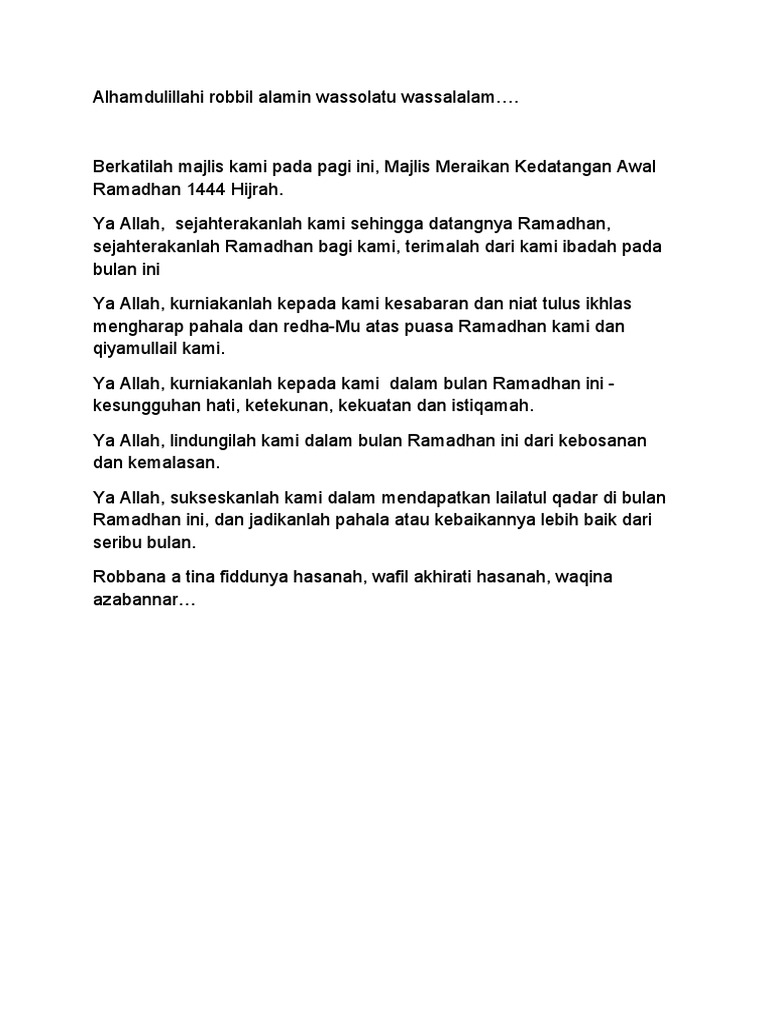 Doa Ambang Ramadhan 1444h Mac 2023 | PDF