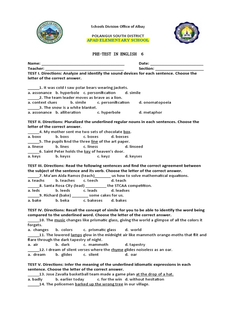 Pre-Test - English 6 | PDF | Linguistics