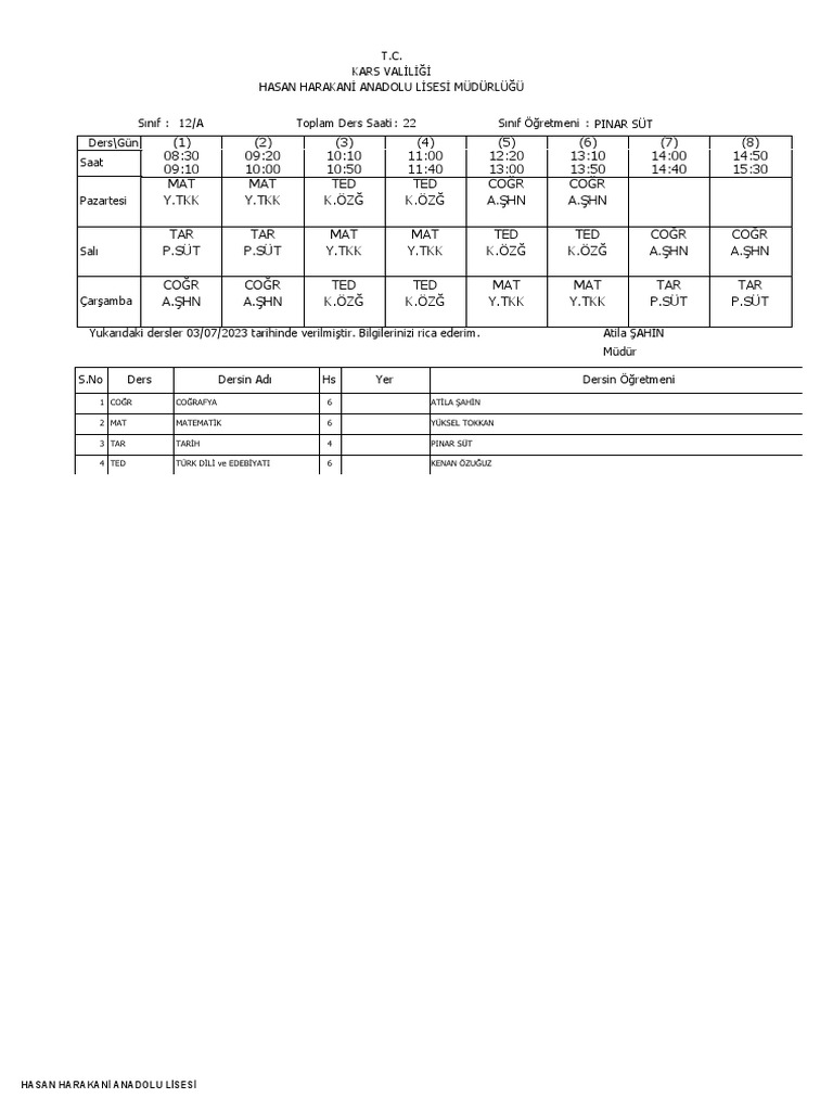 Dyk Yaz Dönemi̇ Sinif Programi | PDF