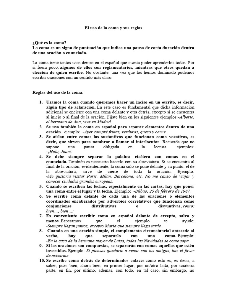 El Uso de La Coma y Sus Reglas | PDF | Coma | Adverbio