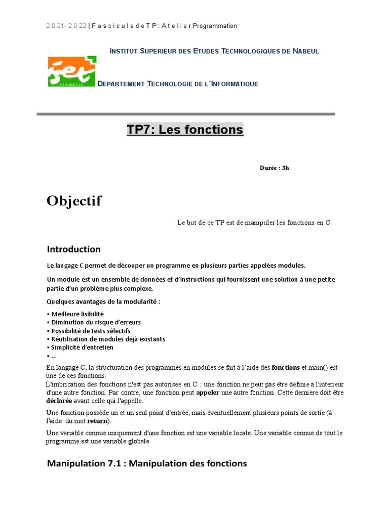 TP7: Les Fonctions en C | PDF