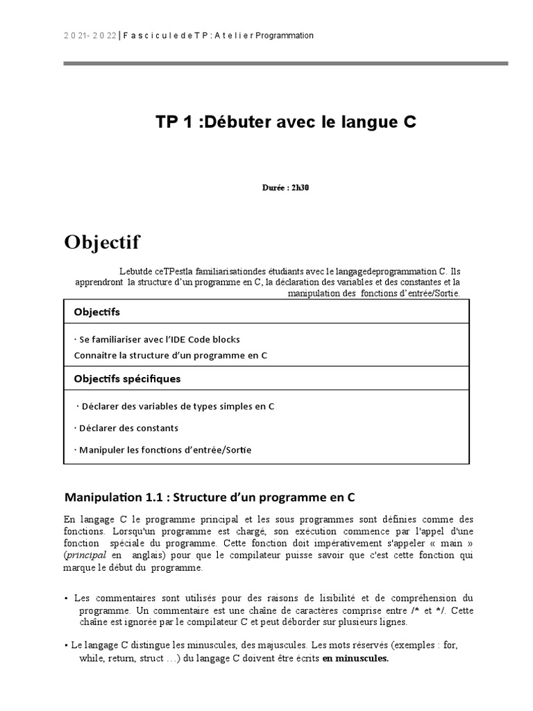 TP0 Debuter Avec Le Language C | PDF | C (Langage de programmation) | Variable (informatique)