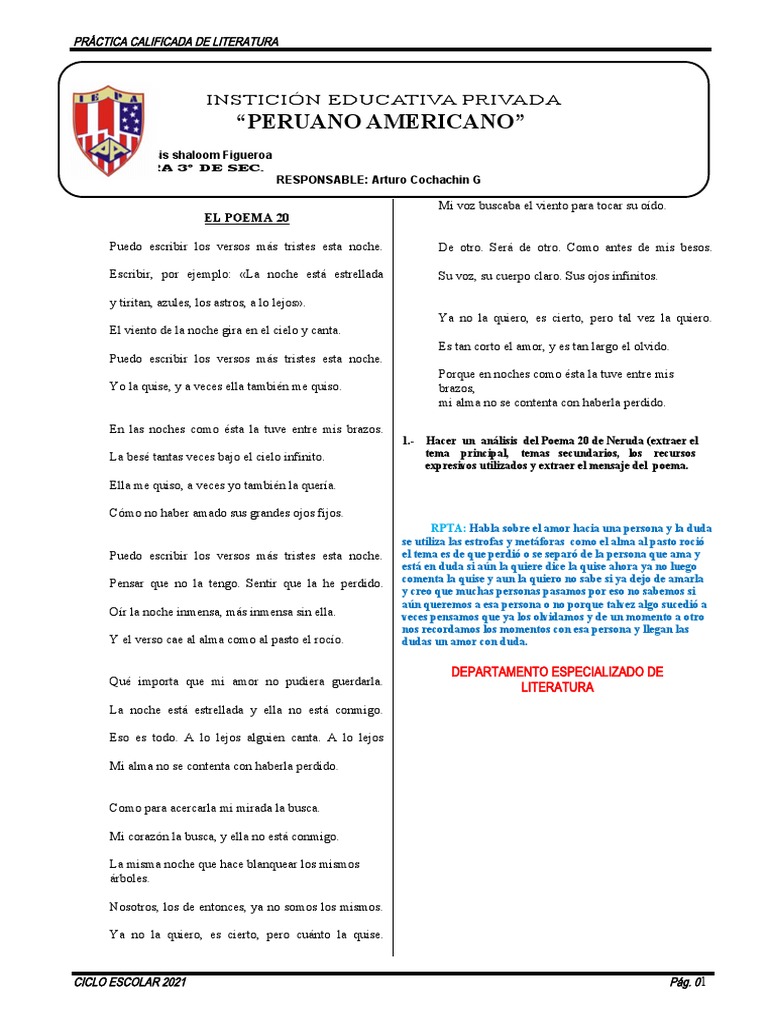 PRÁCTICA CALIFICADA DEl POEMA 20 DE NERUDA Tarea | PDF | Amor | Alma