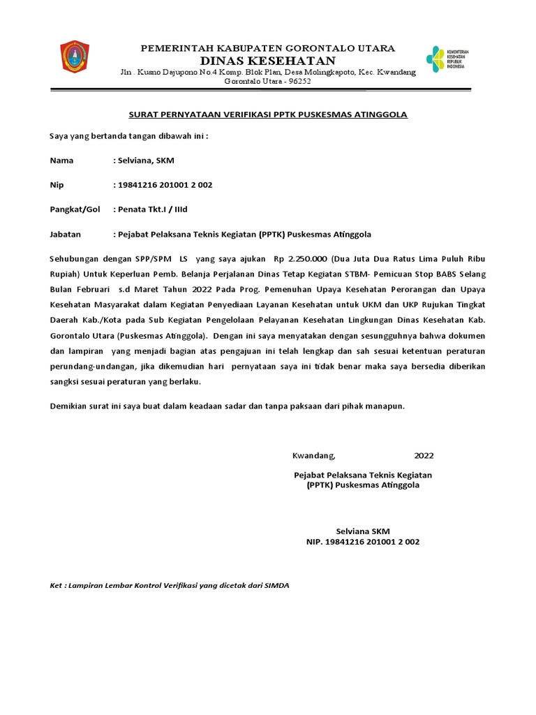 Lembar Pernyataan PPTK | PDF