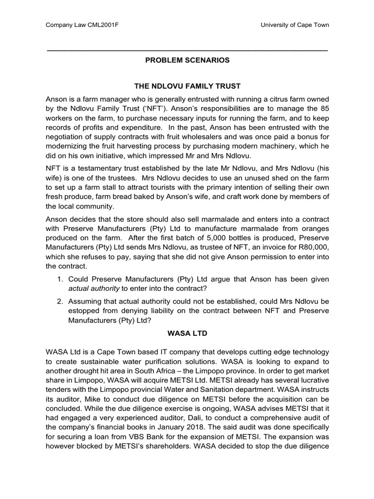 PROBLEM SCENARIOS - Ndlovu Family Trust - WASA | PDF