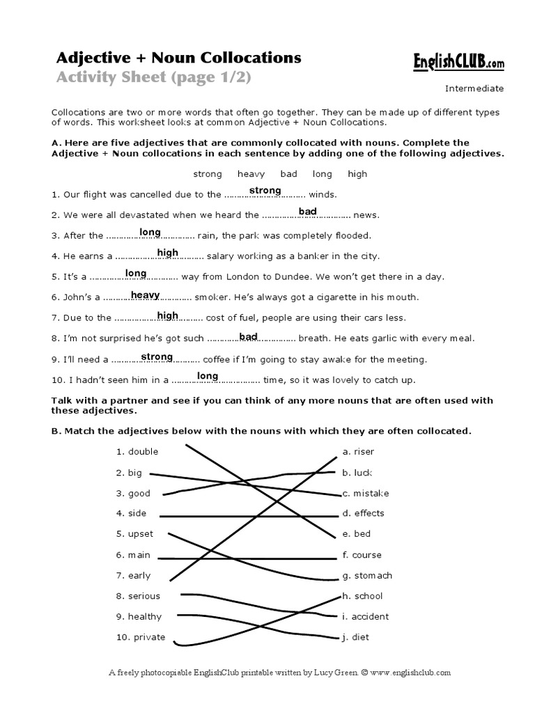 Collocations Adjective Noun Activity | PDF