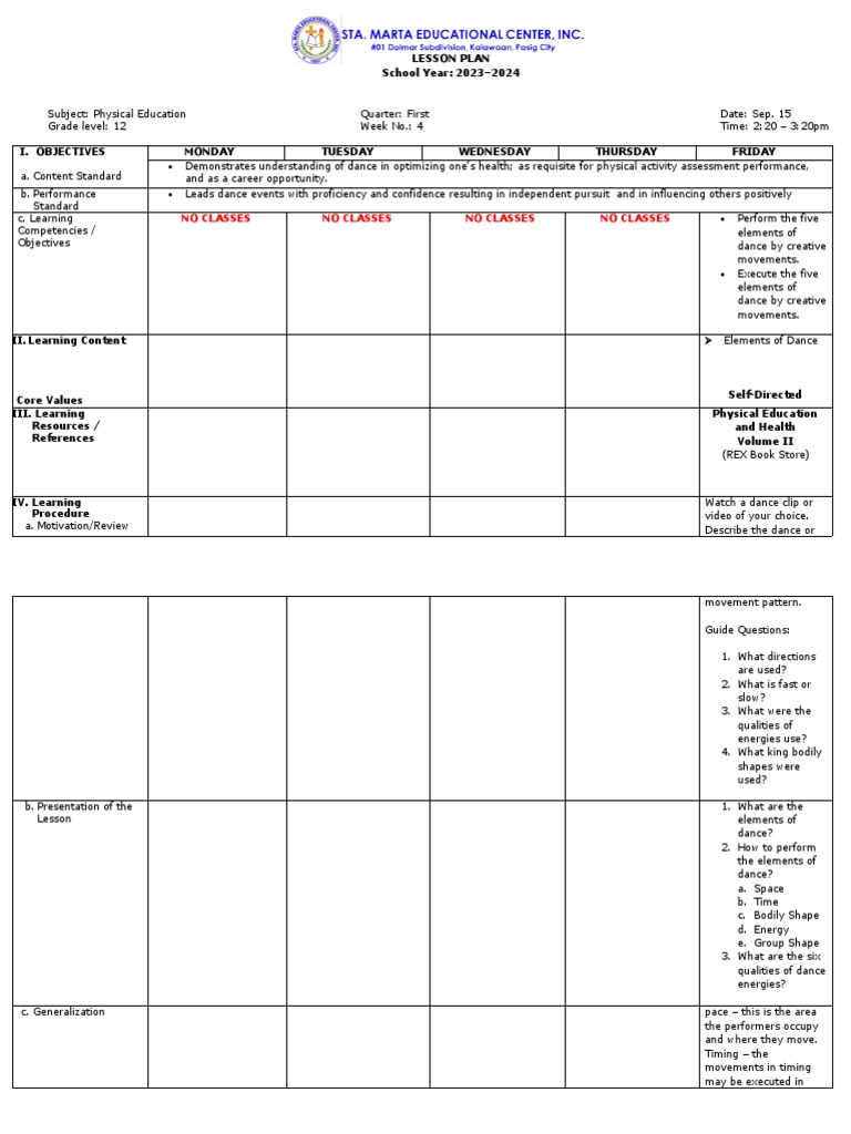 Lesson-Plan P.E 12 - Week 4 | PDF