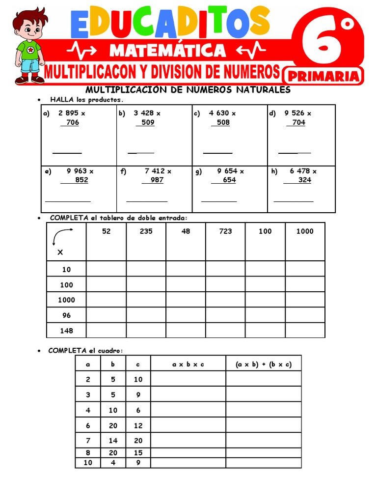 Multiplicacion y Division de Numeros para Sexto Grado de Primaria | PDF ...