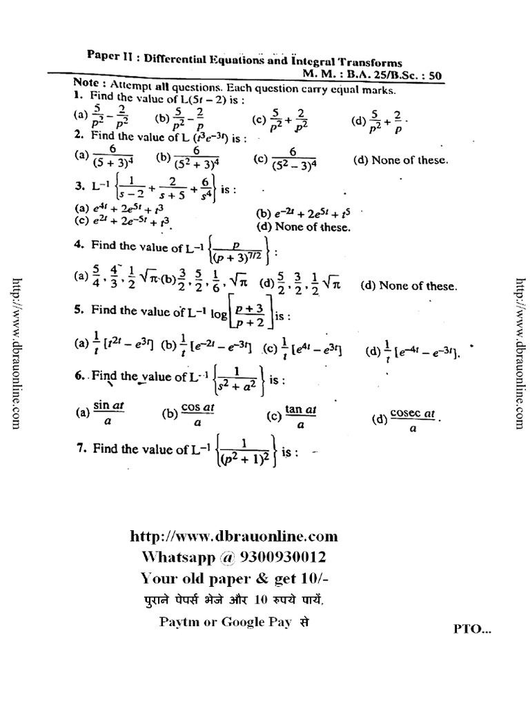 BSC Part 2 Differential Equations and Integral Transforms 2018 | PDF
