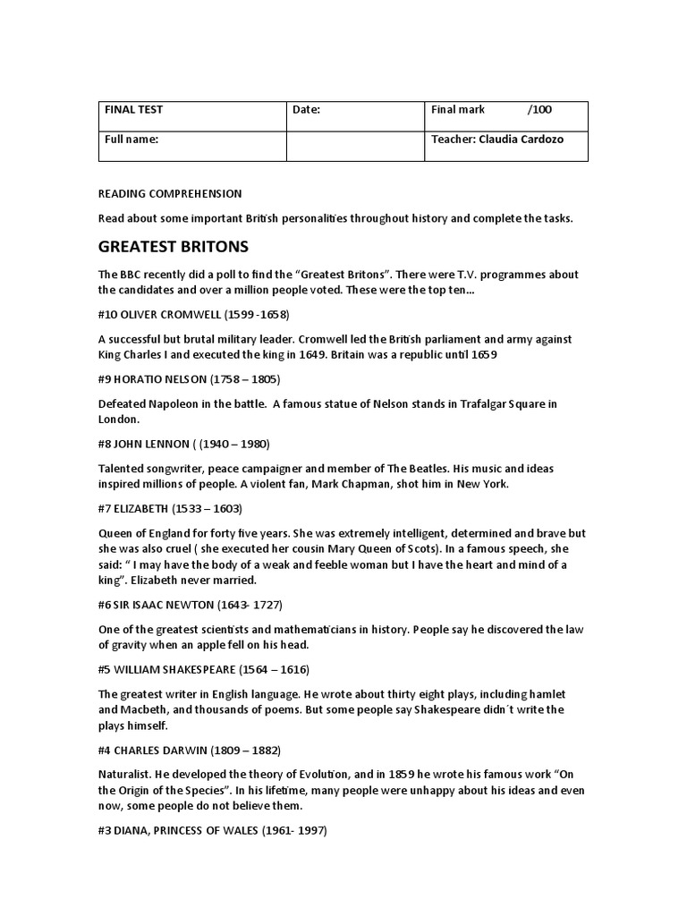 Greatest Britons Test | PDF