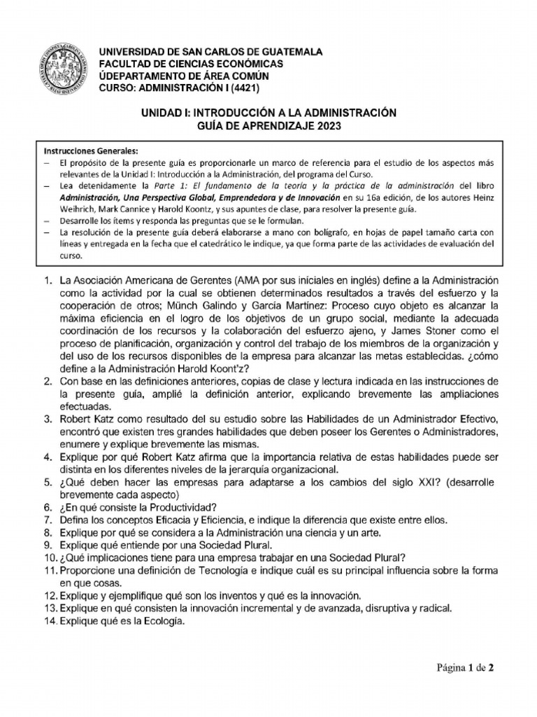 2023-Admon I-U 1-Introduccion Admon-Guia Aprendizaje | PDF