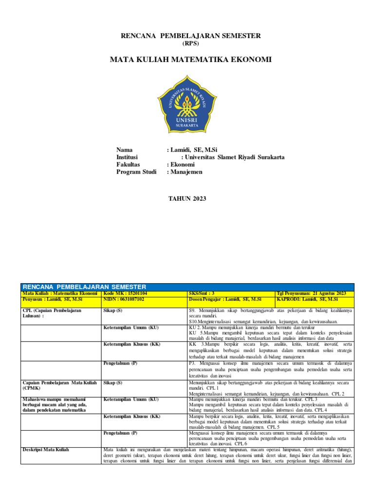 Rps Matematika Ekonomi & Bisnis | PDF | Komputer