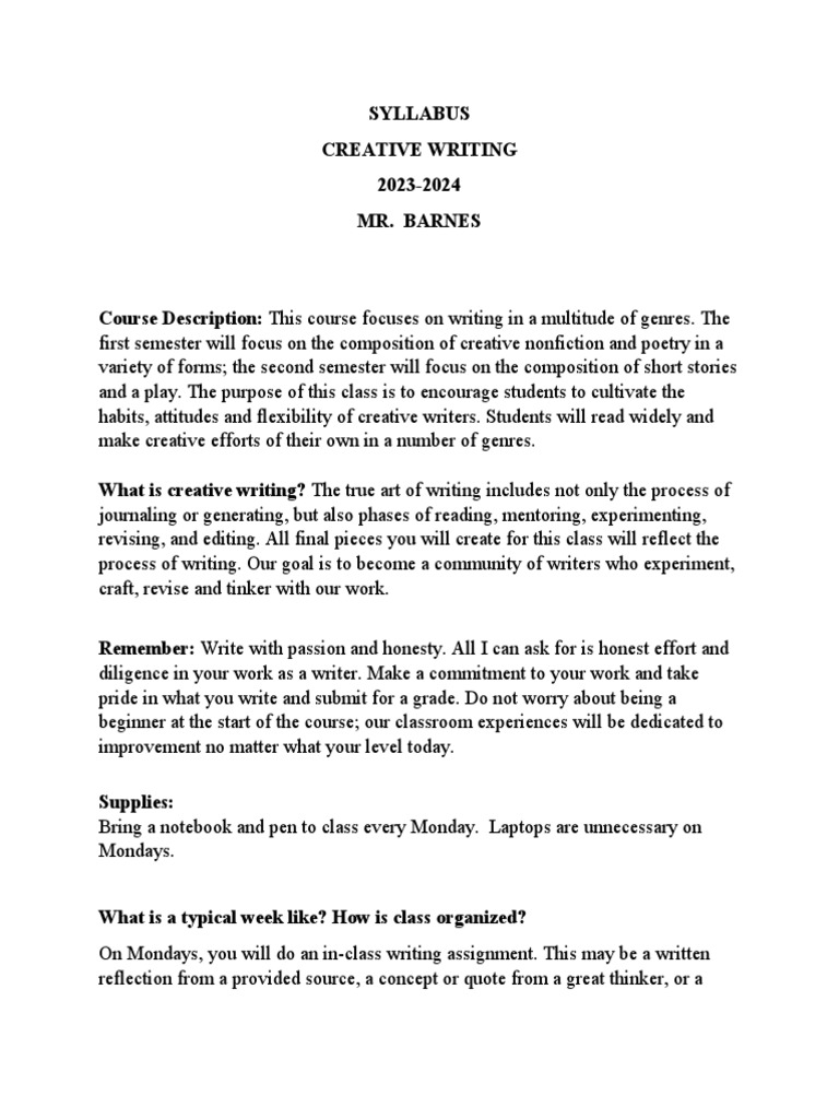 Creative Writing Syllabus 2023-2024 | PDF | Career & Growth | Art