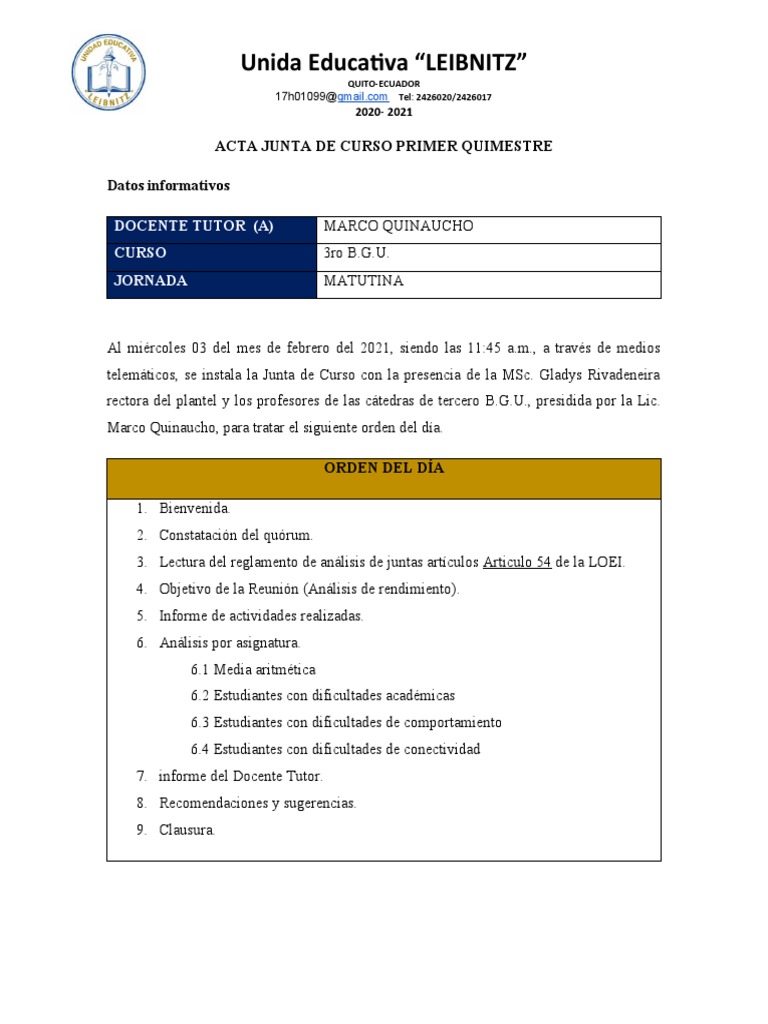 Acta Junta de Curso Primer Quimestre | PDF