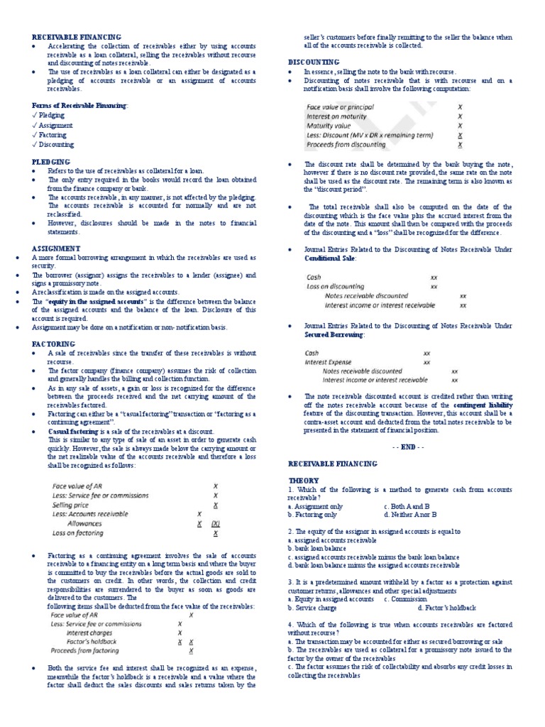 Receivable Financing Reviewer | PDF | Factoring (Finance) | Loans