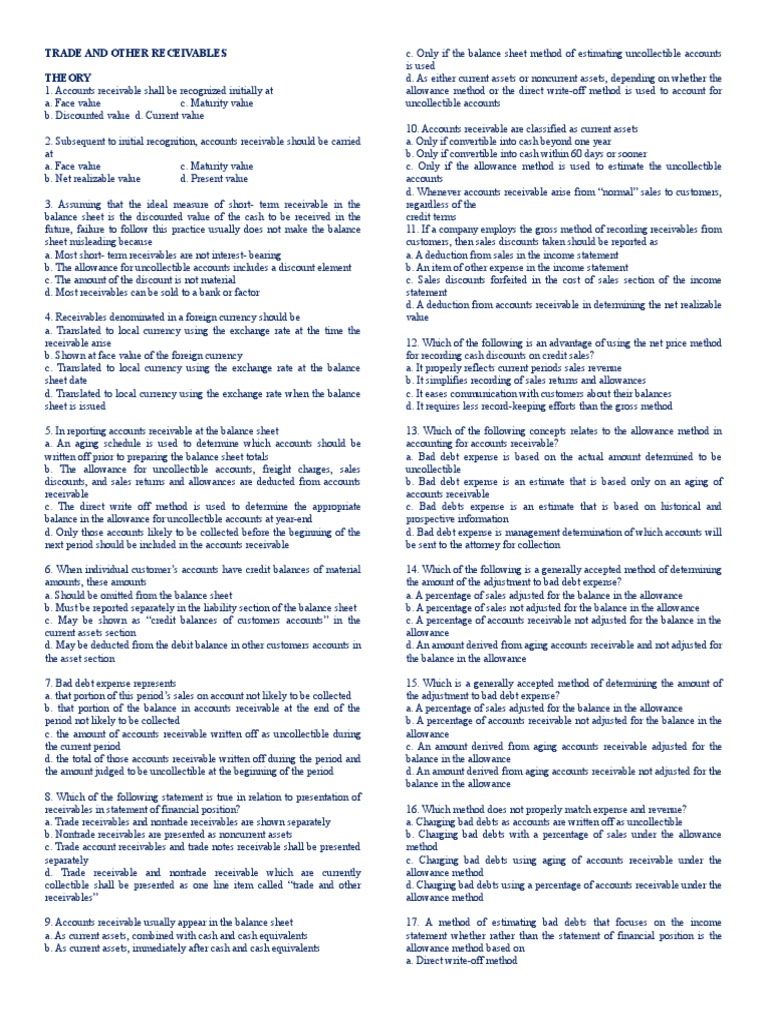 Trade and Other Receivables Reviewer | PDF