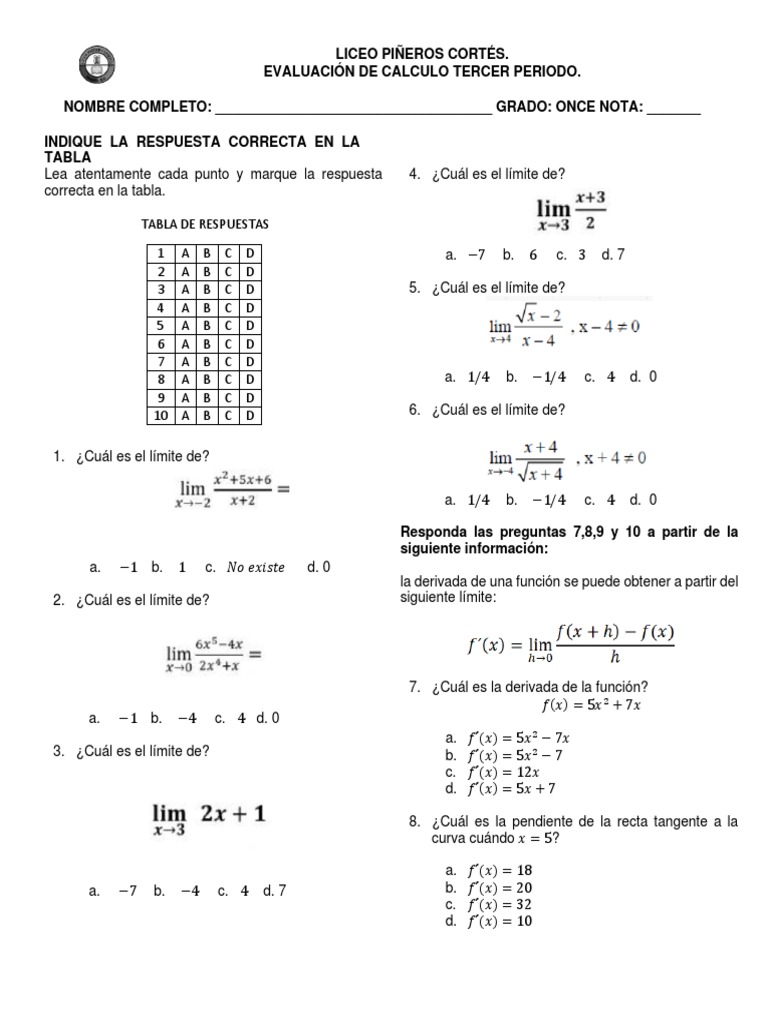 Evaluación Calculo 11 | Descargar gratis PDF | Derivado | Matemáticas