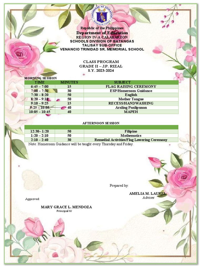 Sample Class Program Grade 2