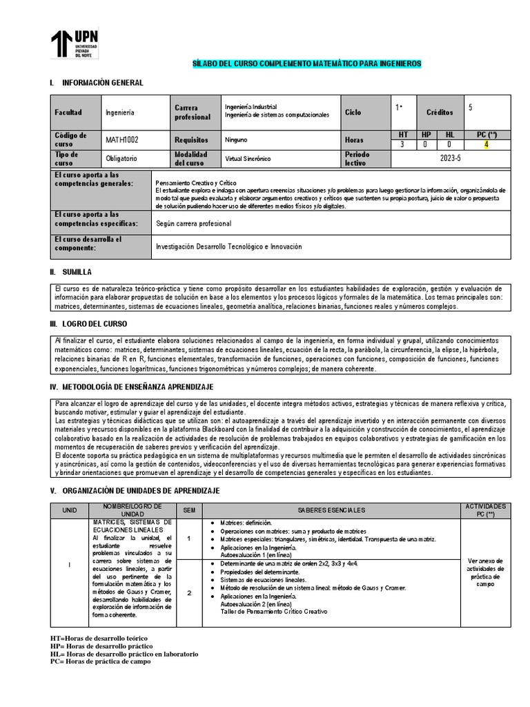 Silabo 223517MATH1002 Complemento Matemático para Ingenieros | PDF | Función (Matemáticas ...
