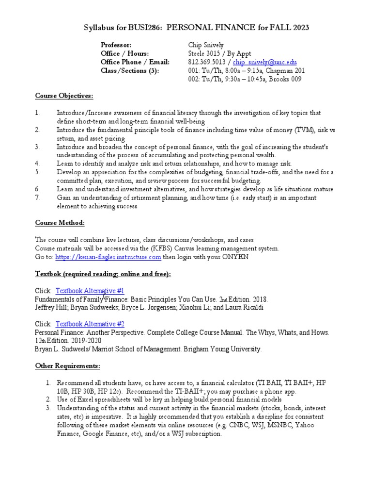 Syllabus - BUSI286 Personal Finance Fall 2023 | PDF | The Church Of ...