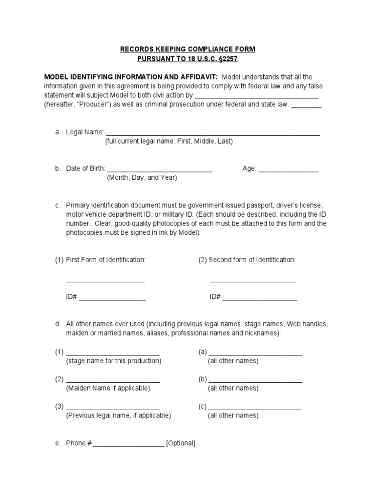 Records Keeping Compliance Form PURSUANT TO 18 U.S.C. 2257 MODEL ...