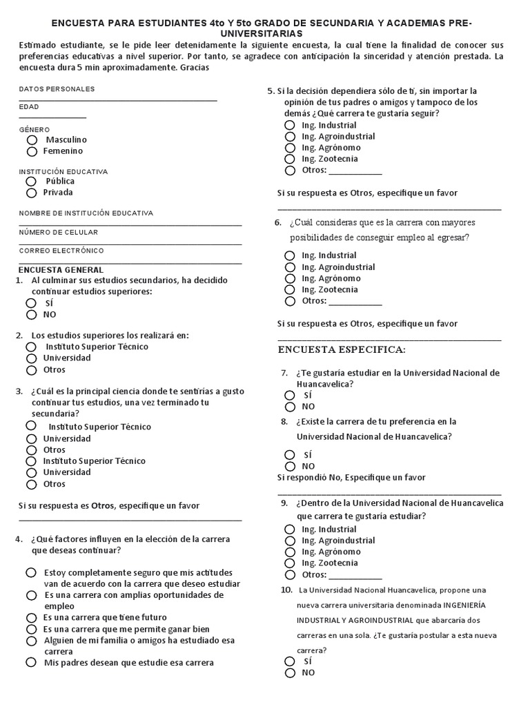 Encuesta para Estudiantes 4to y 5to Grado de Secundaria y Academias Pre ...