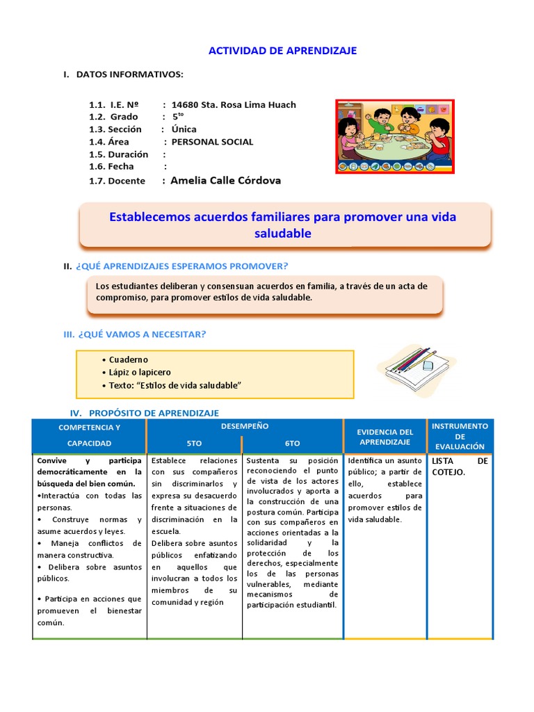 D1 A2 SESION PS. Establecemos Acuerdos Familiares para Promover Una Vida Saludable | PDF
