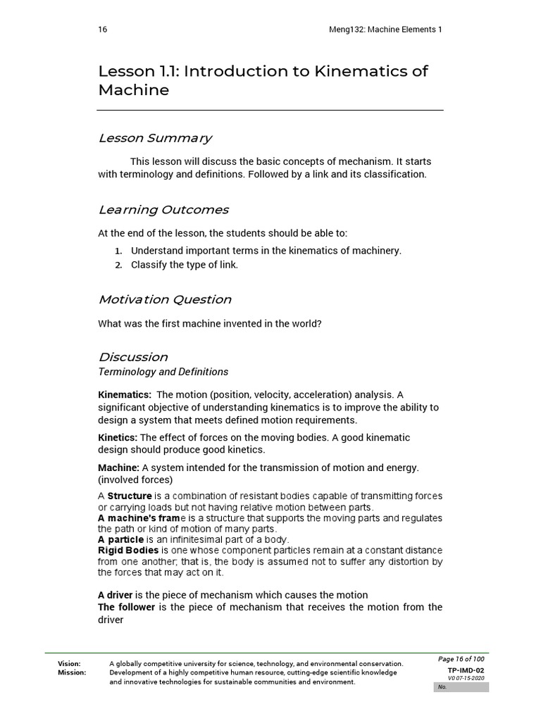 Lesson 1.1. Introduction To Kinematics of Machine | PDF | Kinematics ... Lesson 1.1. Introduction To Kinematics of Machine | PDF | Kinematics ...