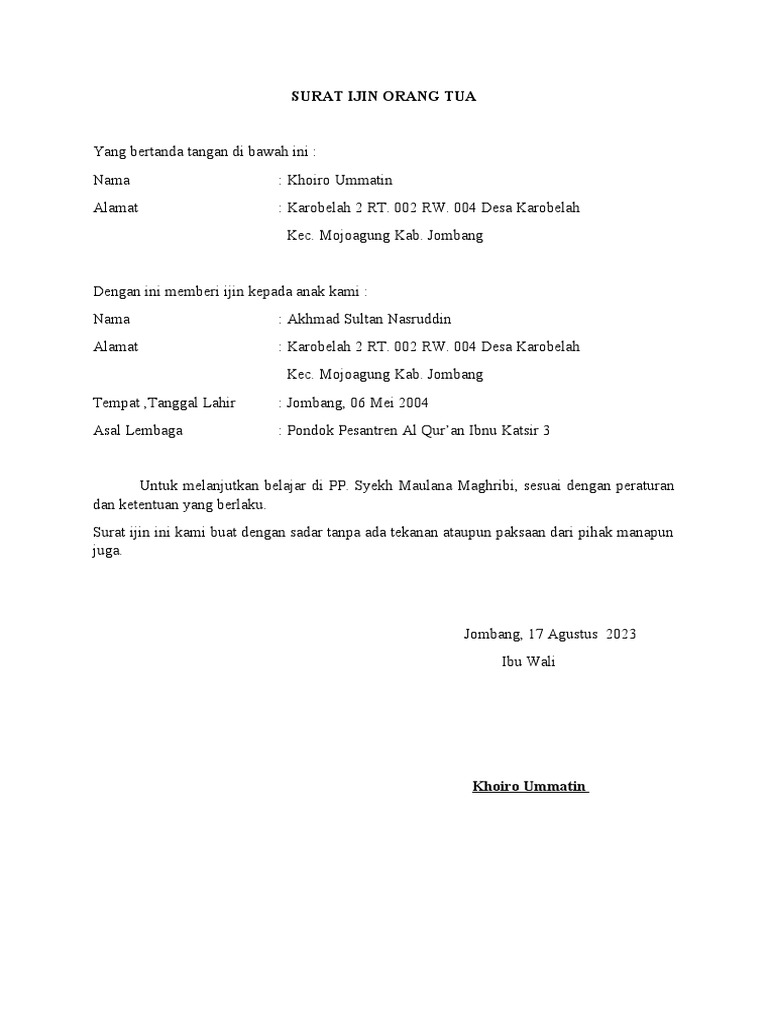 SURAT IJIN ORANG TUA Stin | PDF