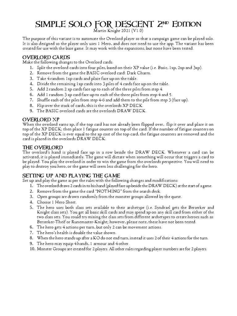 Solo Variant for Descent 2nd Edition | PDF | Games Of Chance | Playing ...