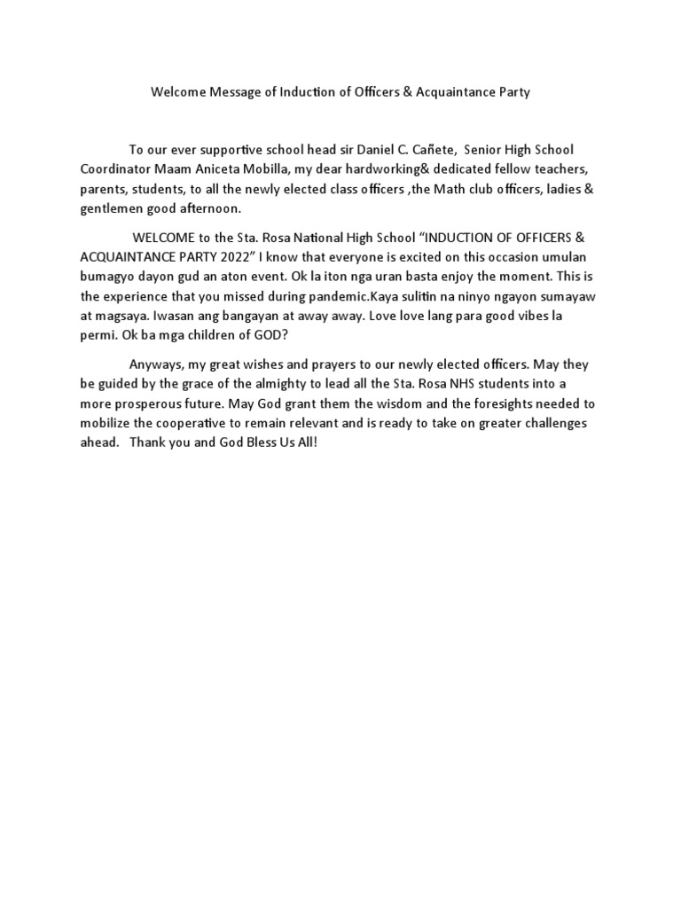 Welcome Message of Induction of Officers | PDF