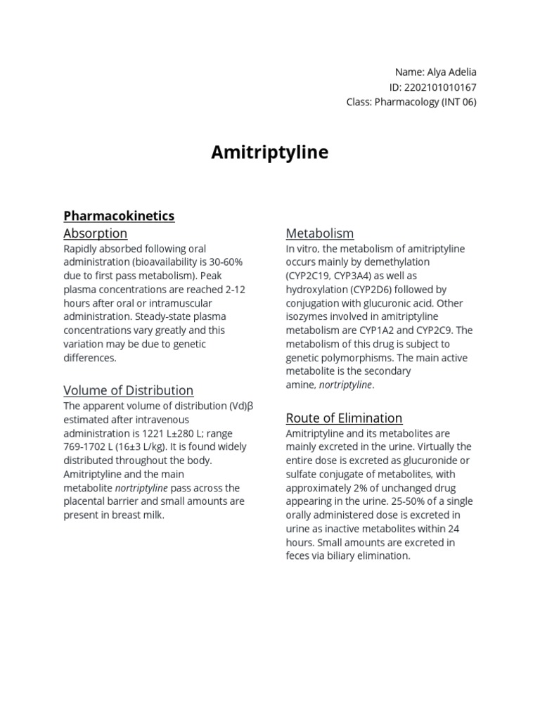 Amitriptyline: Pharmacokinetics & Uses | PDF | Drugs | Medical Specialties