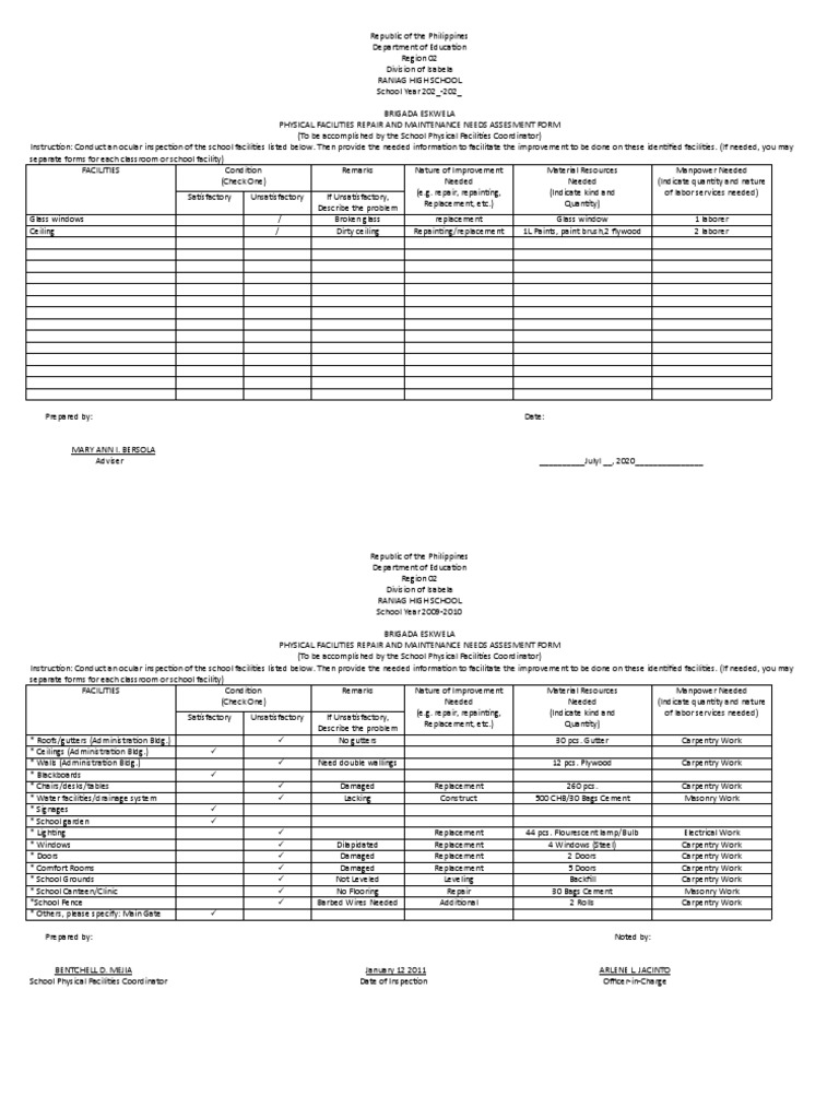 Classroom Physical Facilities Repair and Maintenance Assessment Form ...