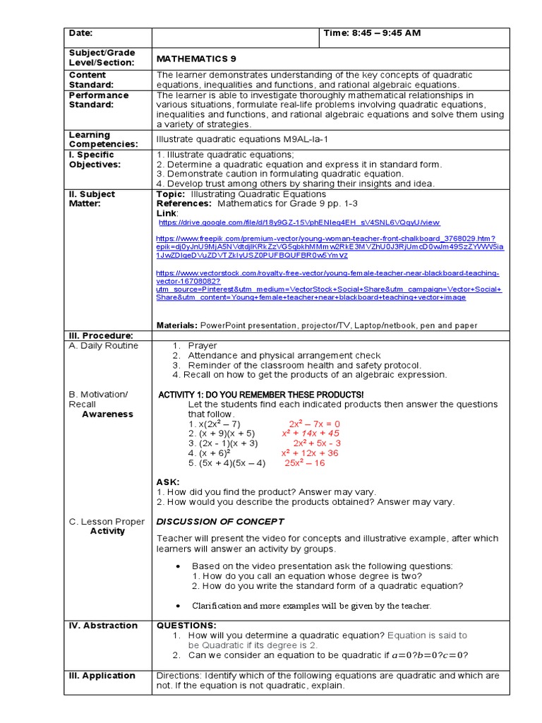 Grade 9 Quadratic Equations Lesson Plan | PDF | Equations | Quadratic ...