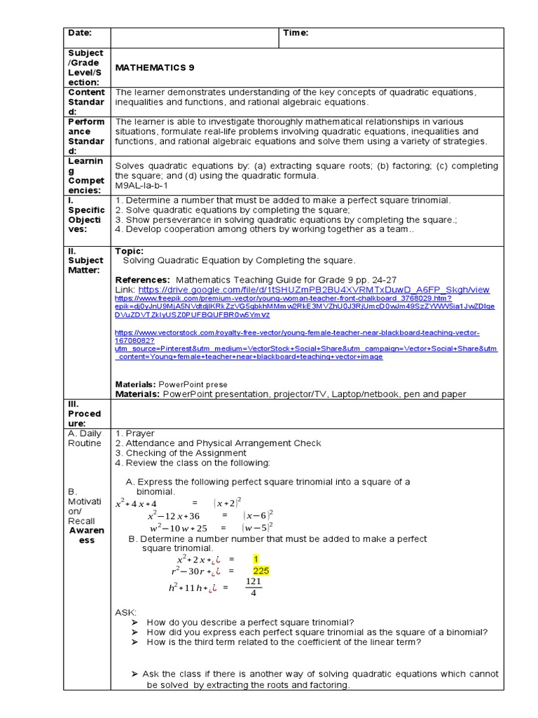 Math-9-LP - Q1 - W1C Solves Quadratic Equations by (A) Extracting ...