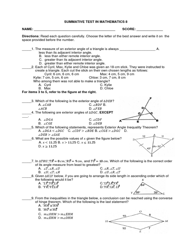 Mathematics 8 Summative Test Guide | PDF | Triangle | Angle