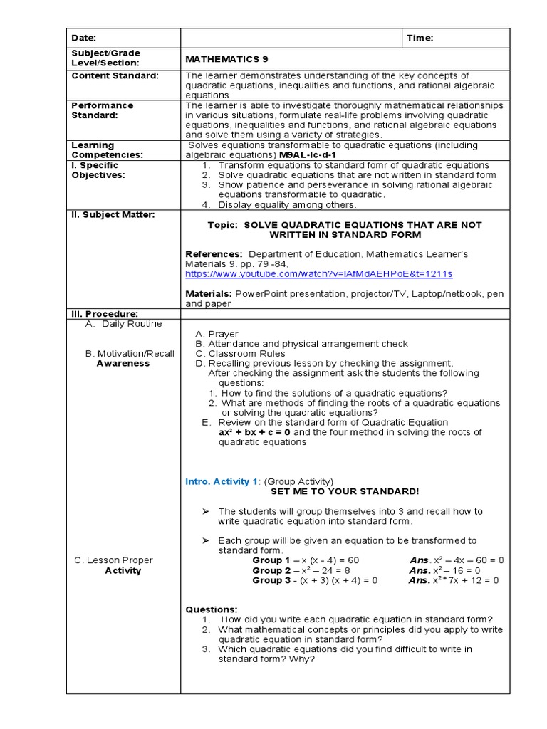 Math-9-LP - Q1 - W3A. Solves Equations Transformable To Quadratic ...