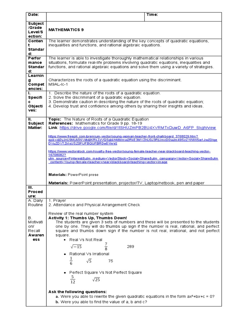 Math-9-LP - Q1 - W2 Characterizes The Roots of A Quadratic Equation Using The Discriminant | PDF ...