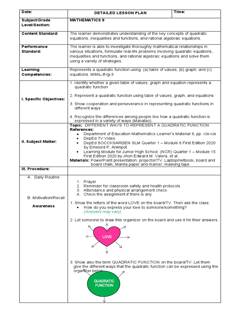 Math-9-LP - Q1 - W6B Represents A Quadratic Function Using Table of ...