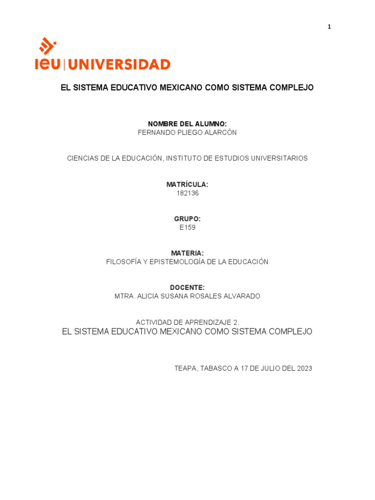 Actividad de Aprendizaje 2. El Sistema Educativo Mexicano Como Sistema Complejo. | PDF