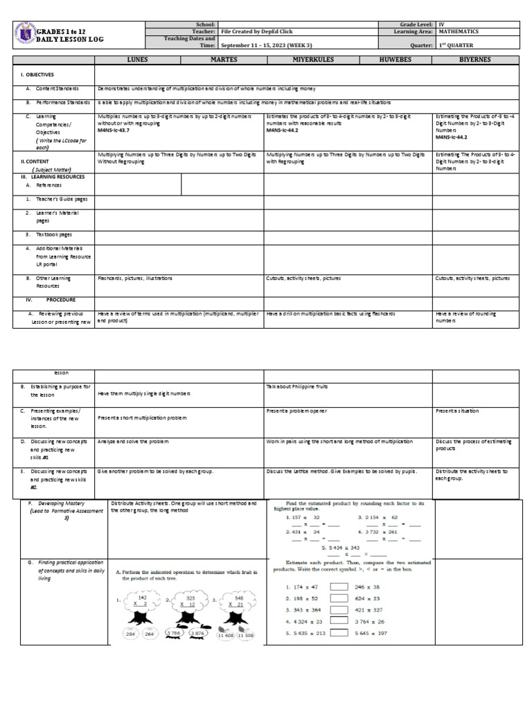 DLL - Mathematics 4 - Q1 - W3 | PDF | Multiplication | Learning