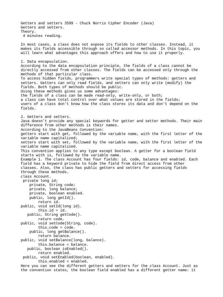 Getters and Setters 3599 - Chuck Norris Cipher Encoder (Java) | PDF | Class (Computer ...