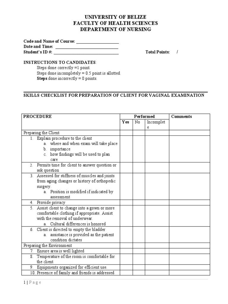 Checklist Preparation of Client For Vaginal Examination | PDF ...
